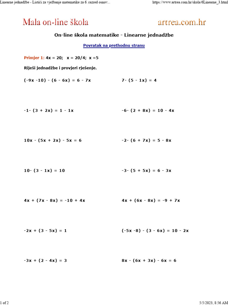 Linearne Jednadžbe - Listići Za Vježbanje Matematike Za 6. Razred Osnovne Škole | PDF