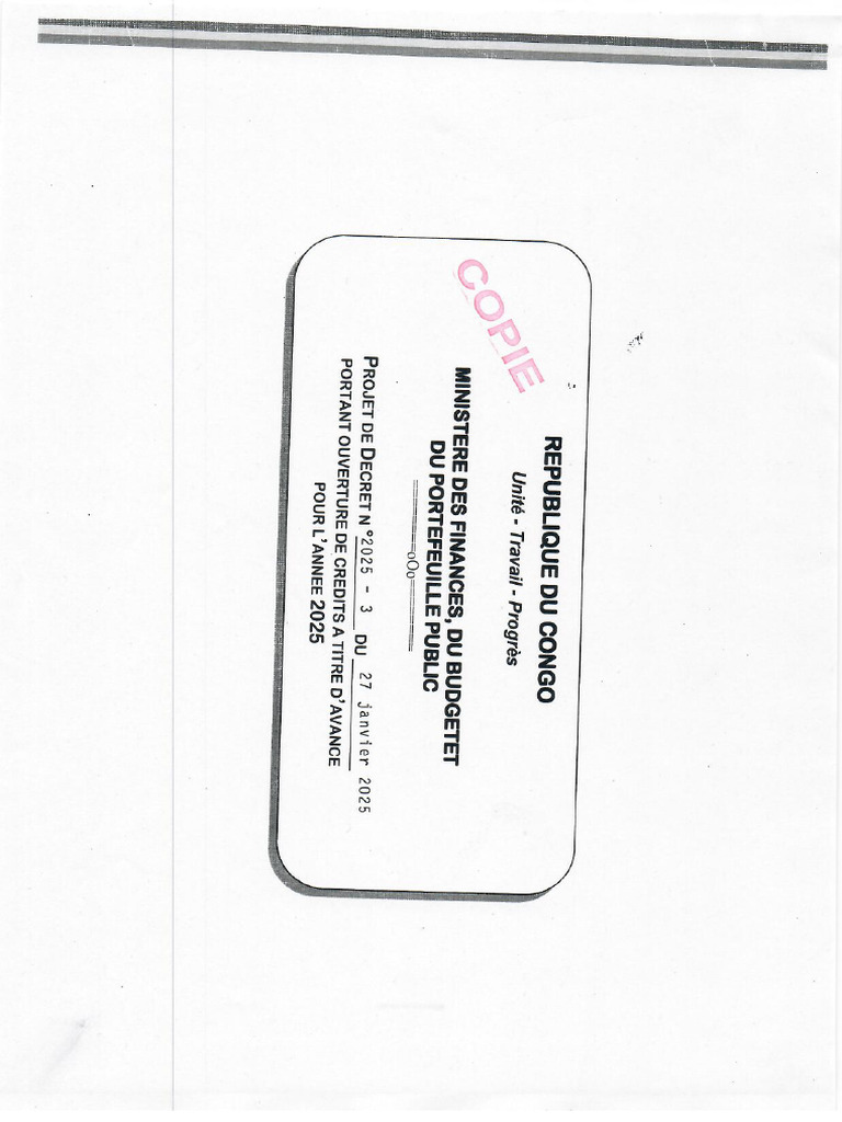 Décret N° 2025-3 Du 27 Janvier 2025 Portant Ouverture de Crédits À Titre D'avance Pour L'année ...