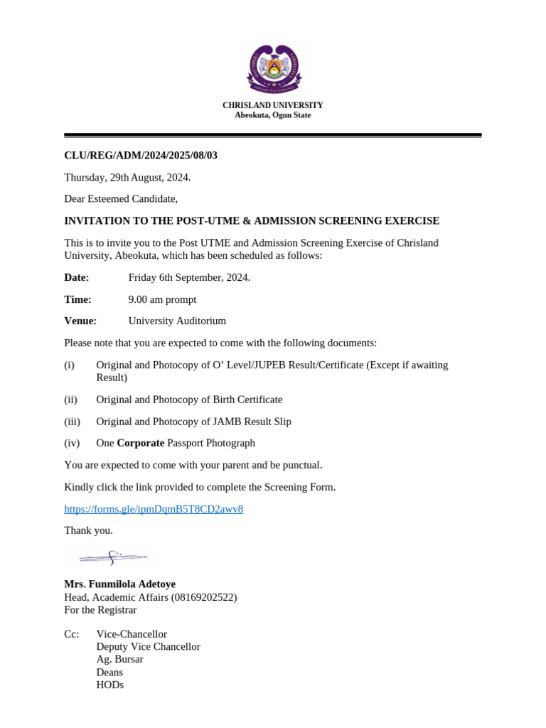 Chrisland University Post-UTME Invitation | PDF