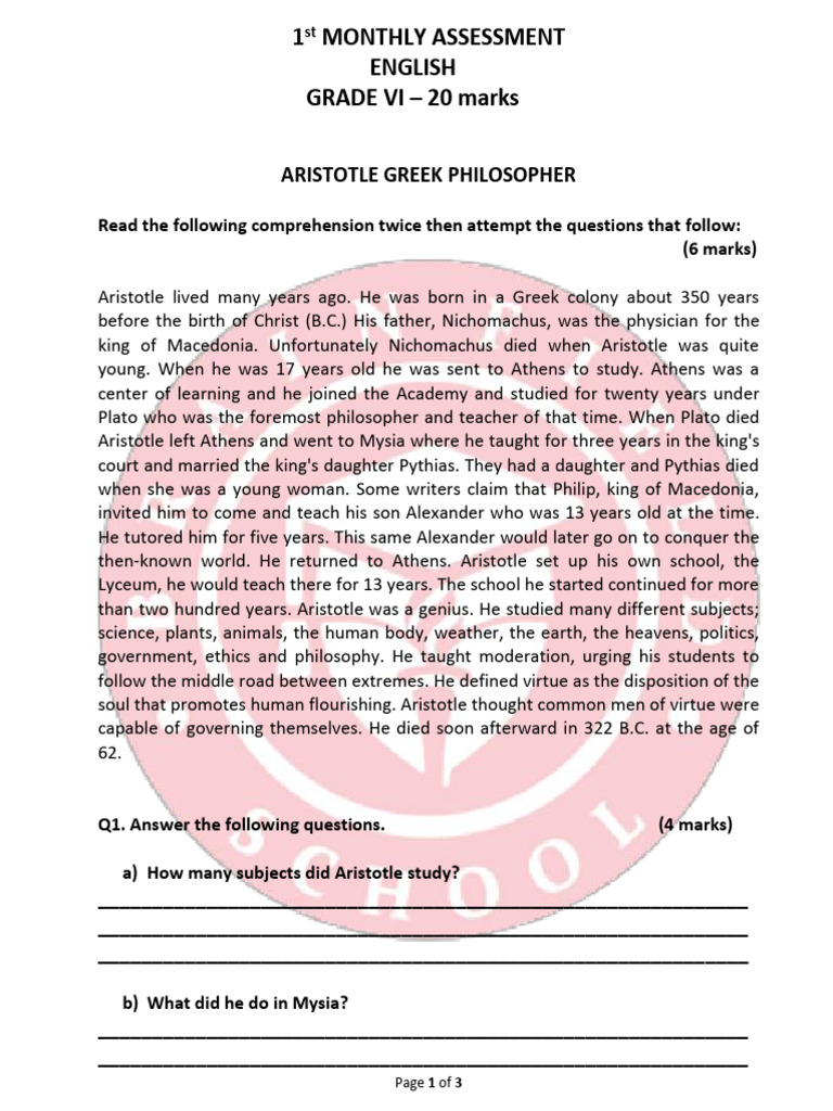 English Monthly Assessment | PDF | Aristotle | Ancient Greek Philosophy
