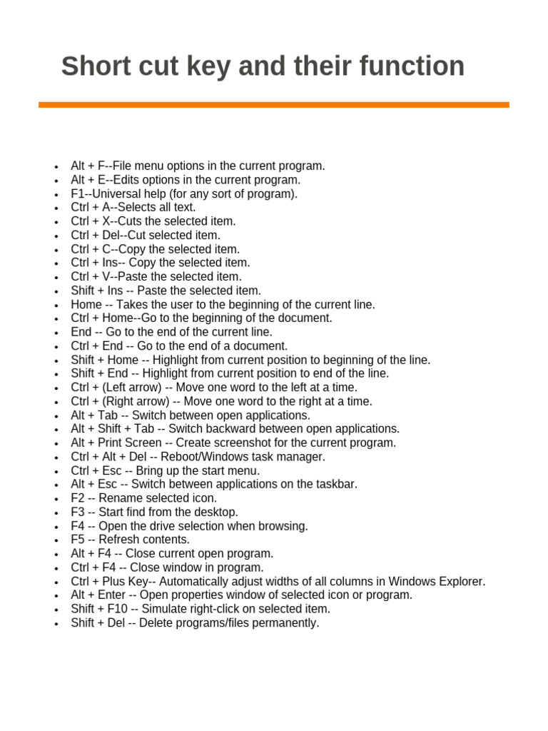 Short Cut Key and Their Function | PDF