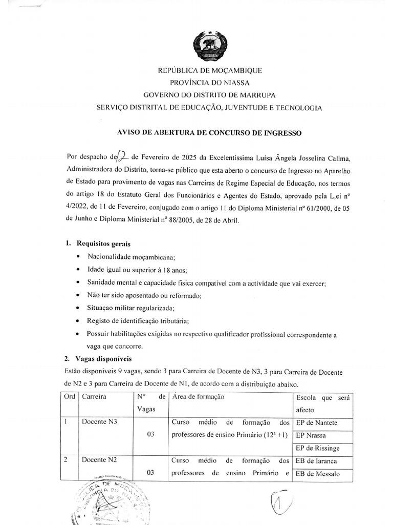 Concurso de Docentes 2025 Marrupa | PDF