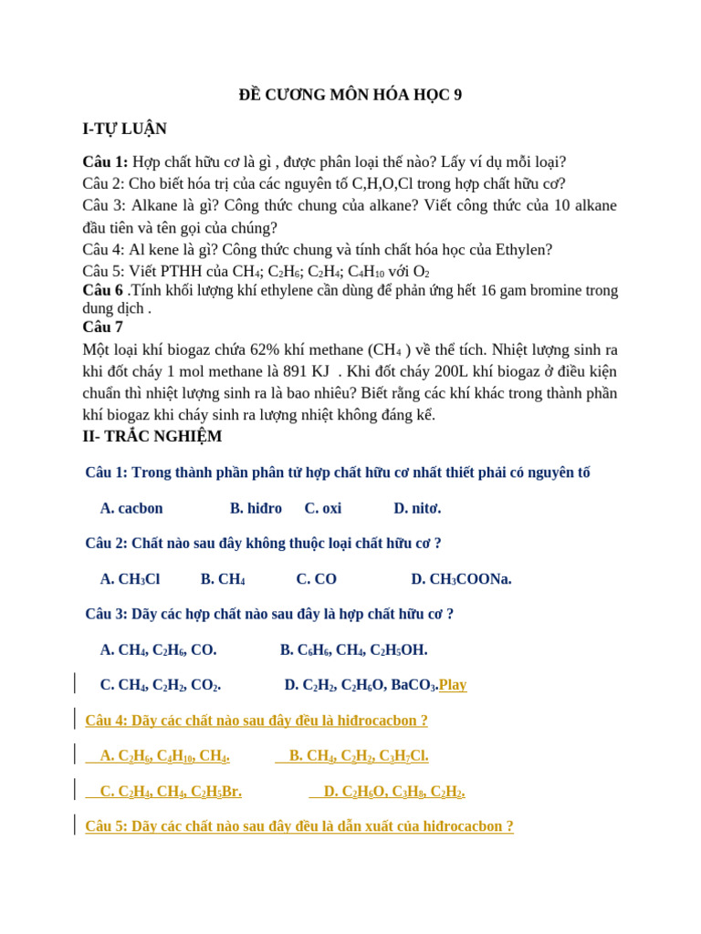 ĐỀ CƯƠNG HÓA 9 GKI | PDF