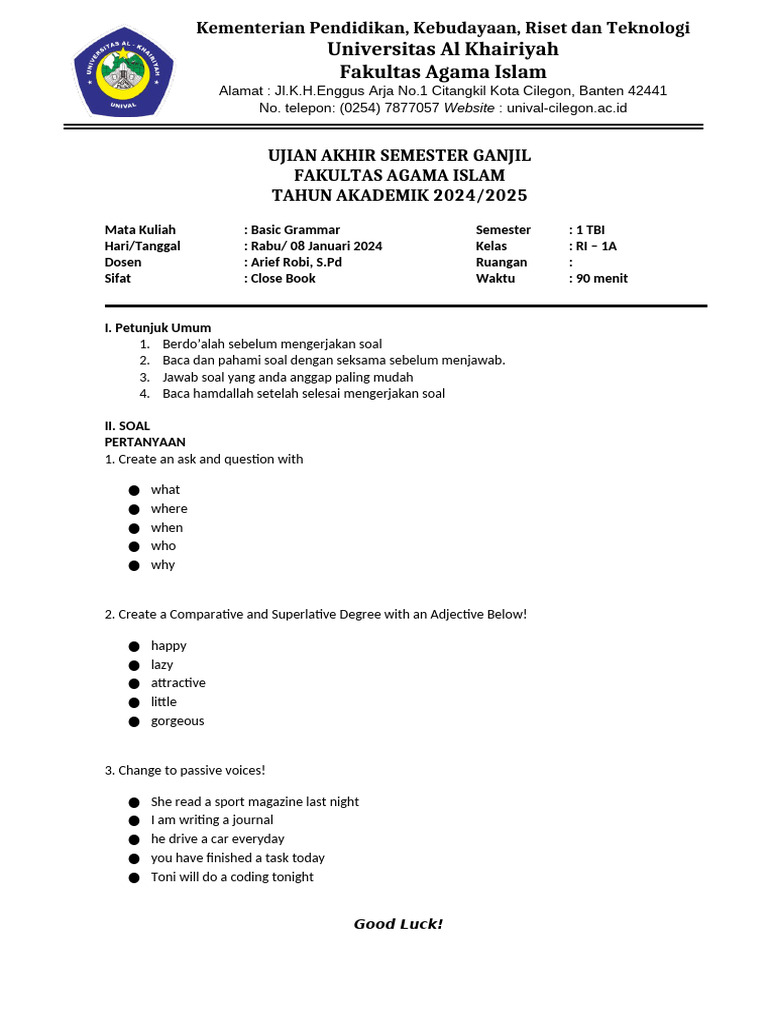 Soal Uas Grammar Tbi Semester 1 | PDF