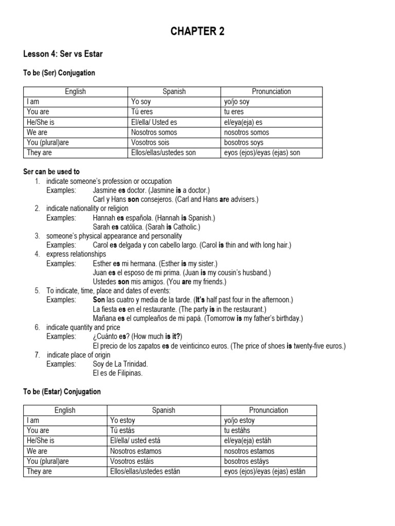 Chapter 2 Lesson 4 Ser vs Estar 1 2 | PDF