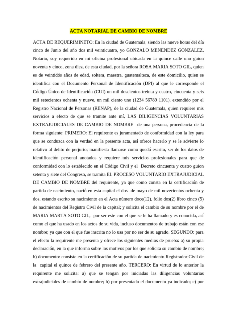 Acta Notarial de Cambio de Nombre | PDF