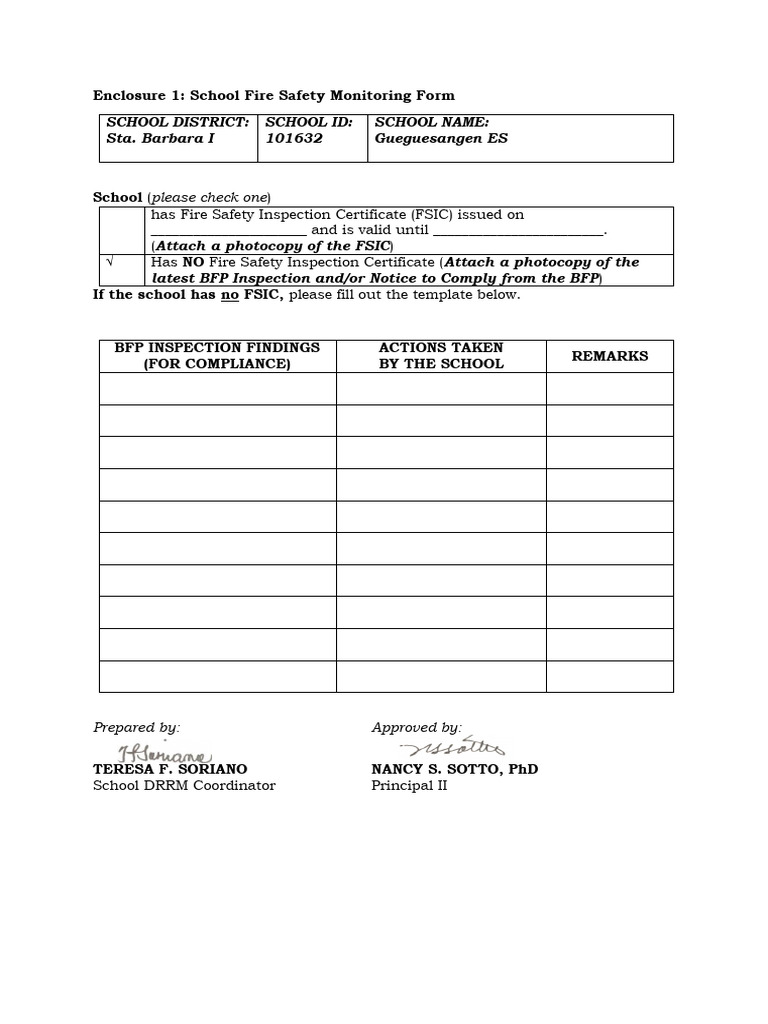 School Fire Safety Monitoring Report | PDF | Fire Safety | Safety