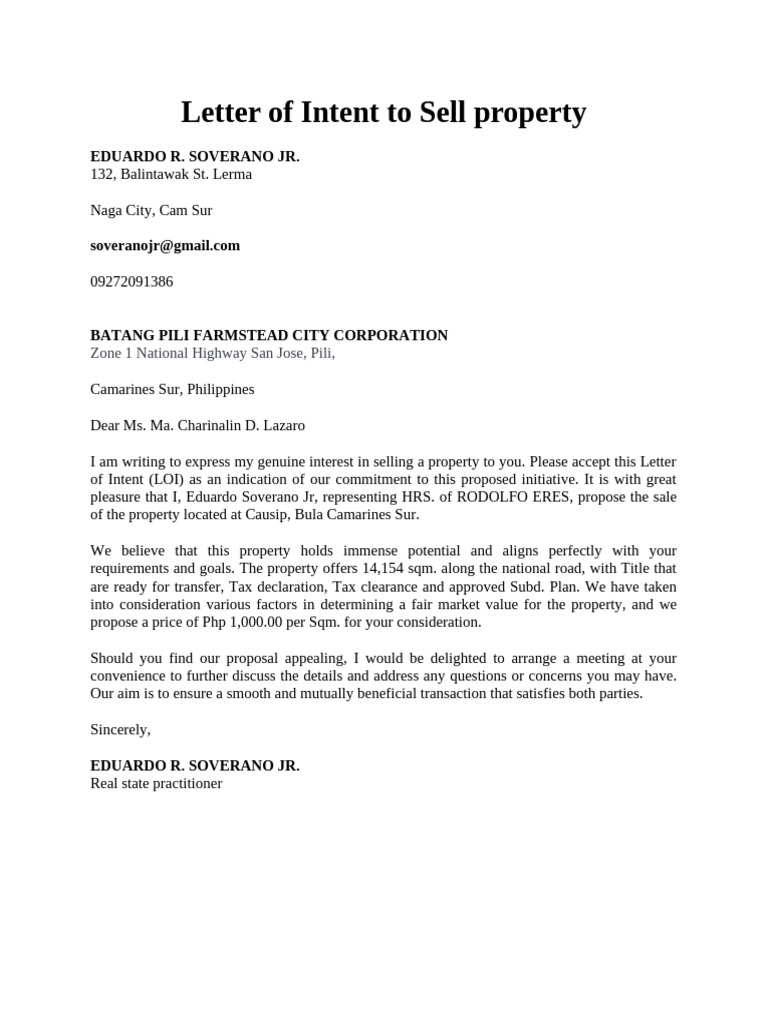 Letter of Intent To Sell Property | PDF