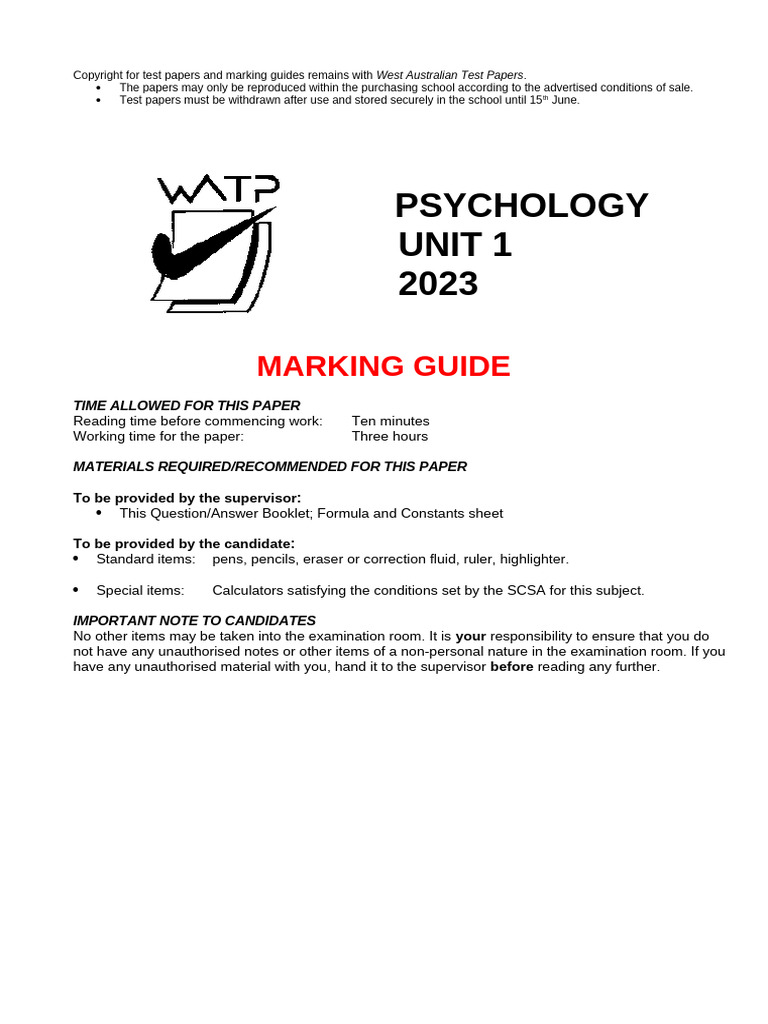 2023 Psychology Unit 1 Marking Key+ | PDF | Attachment Theory | Neuron