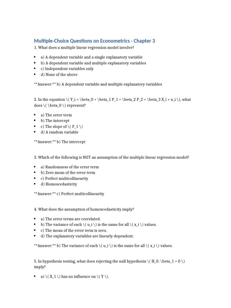 Econometrics Chapter3 Mcq Extended Pdf Errors And Residuals Coefficient Of Determination