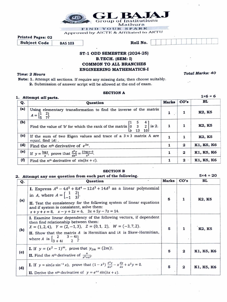 Engineering Mathematics I Exam Questions | PDF | Matrix (Mathematics ...