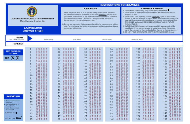 Exam Answer Sheet Instructions | PDF