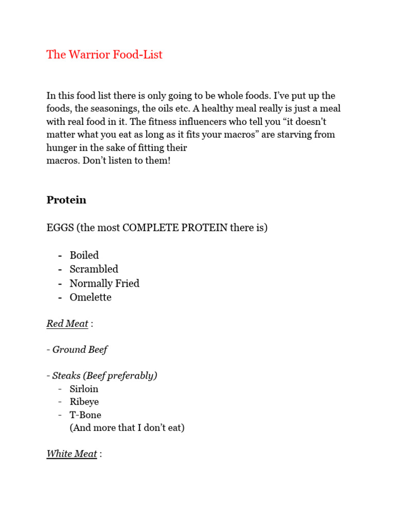 The Warrior Food List | PDF | Foods | Yogurt