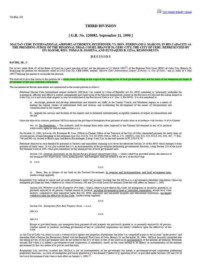 GR. No. 120082 Mactan Cebu International Airport Authorityv. Marcos | PDF | Taxes | Property Tax