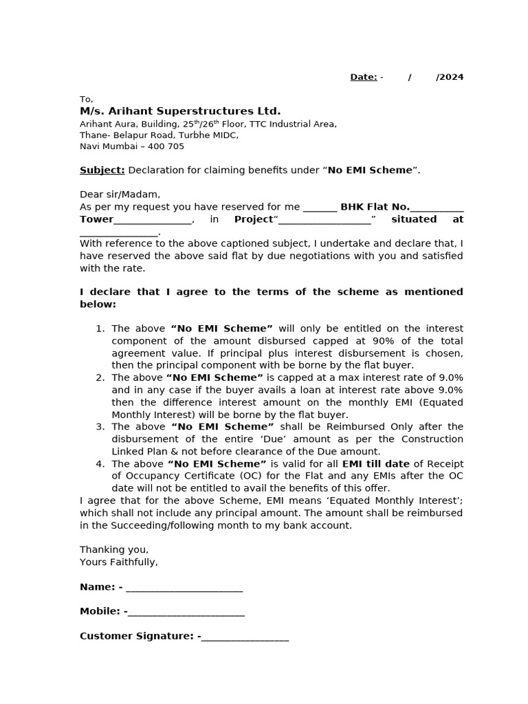 No Emi Scheme Letter - Final | PDF
