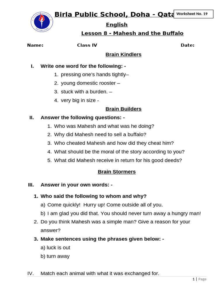 Worksheet No 19 Lit - Mahesh and The Buffalo | PDF