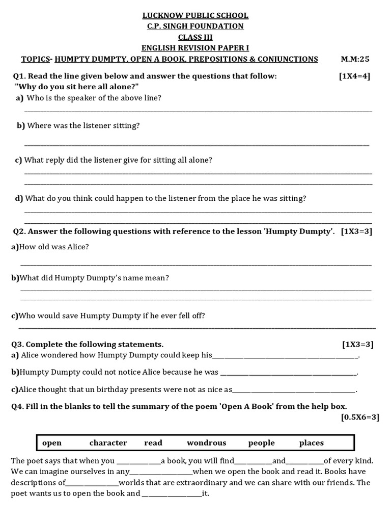 Class III English Revision Paper | PDF