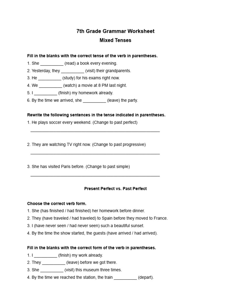 7th Grade Grammar Worksheet | PDF | Verb | Syntax
