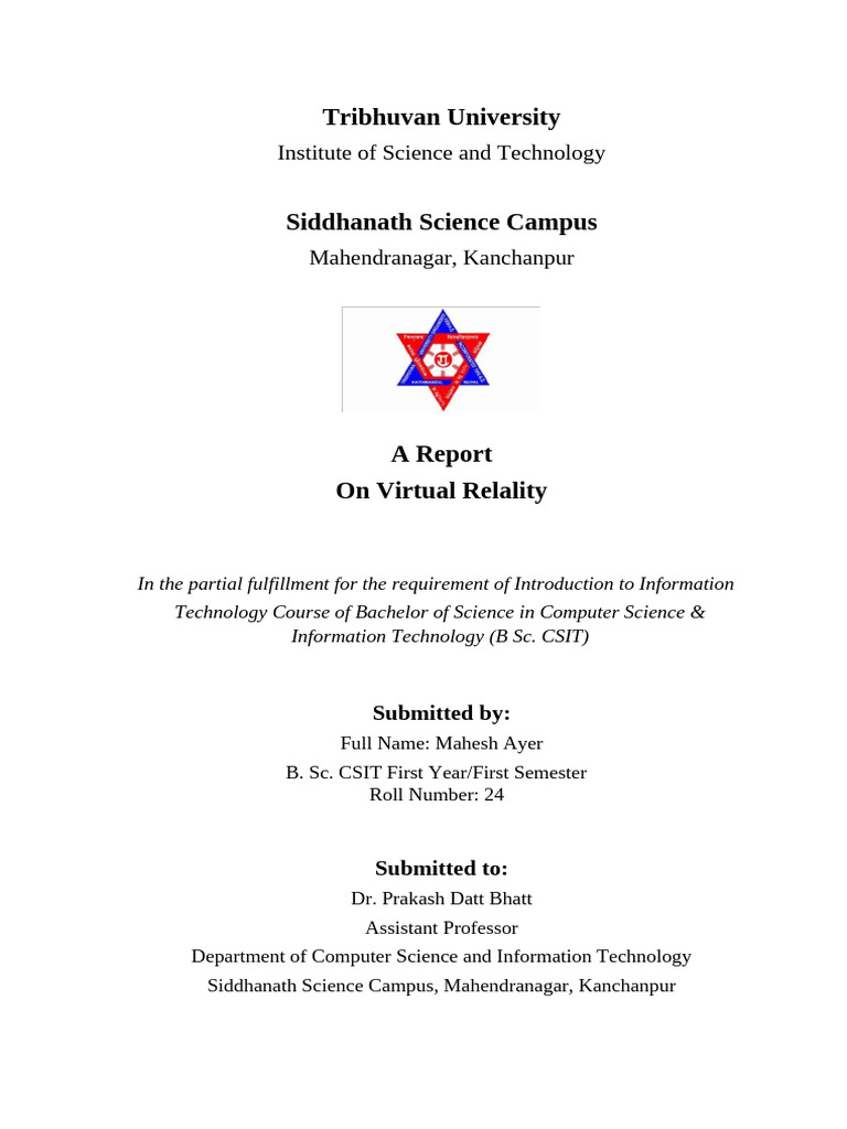 Virtual Reality Report for BSc CSIT | PDF