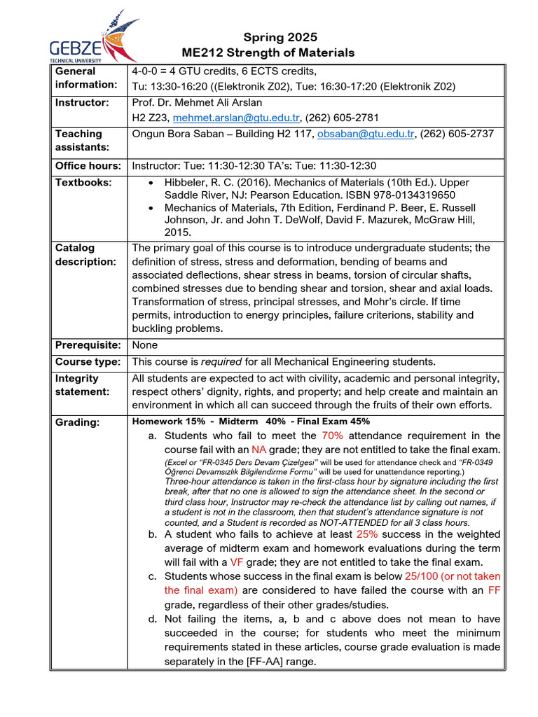 ME212 Syllabus 2025 | PDF | Stress (Mechanics) | Bending