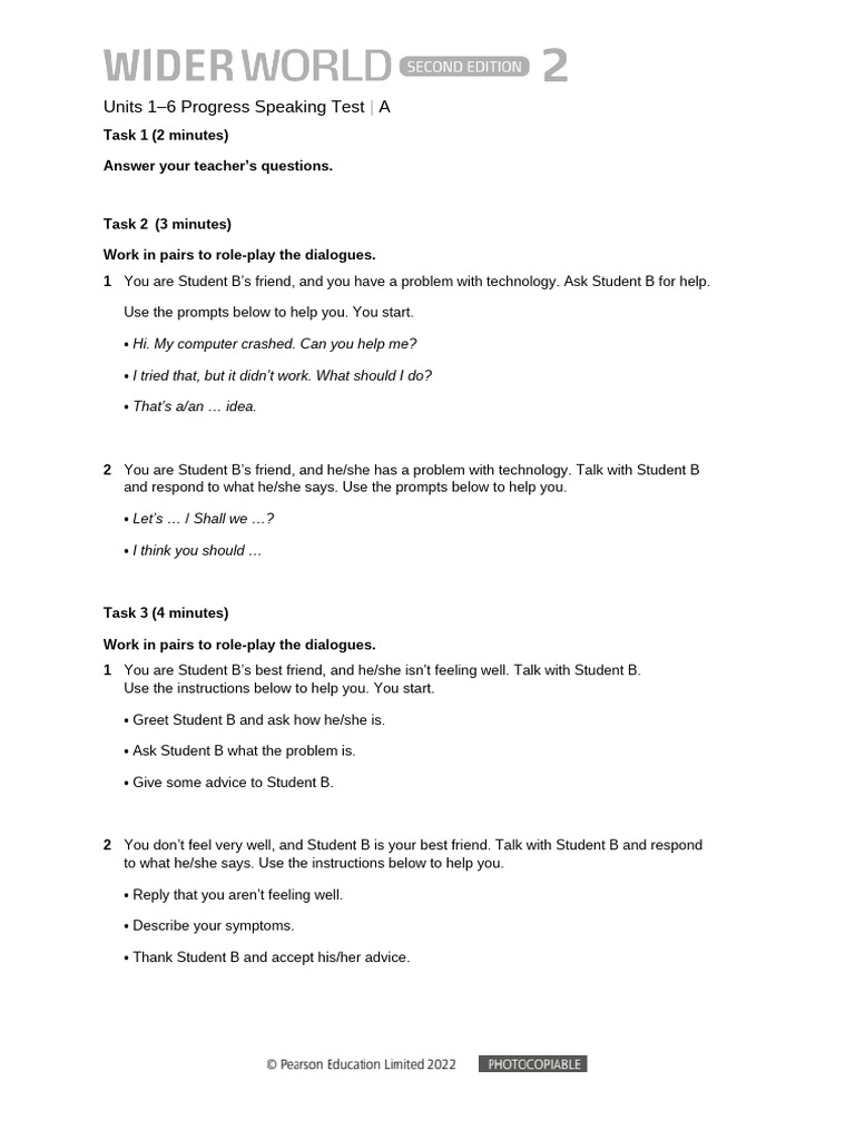 WiderWorld 2ed 2 U1-6ProgressSpeakingTest GroupA | PDF