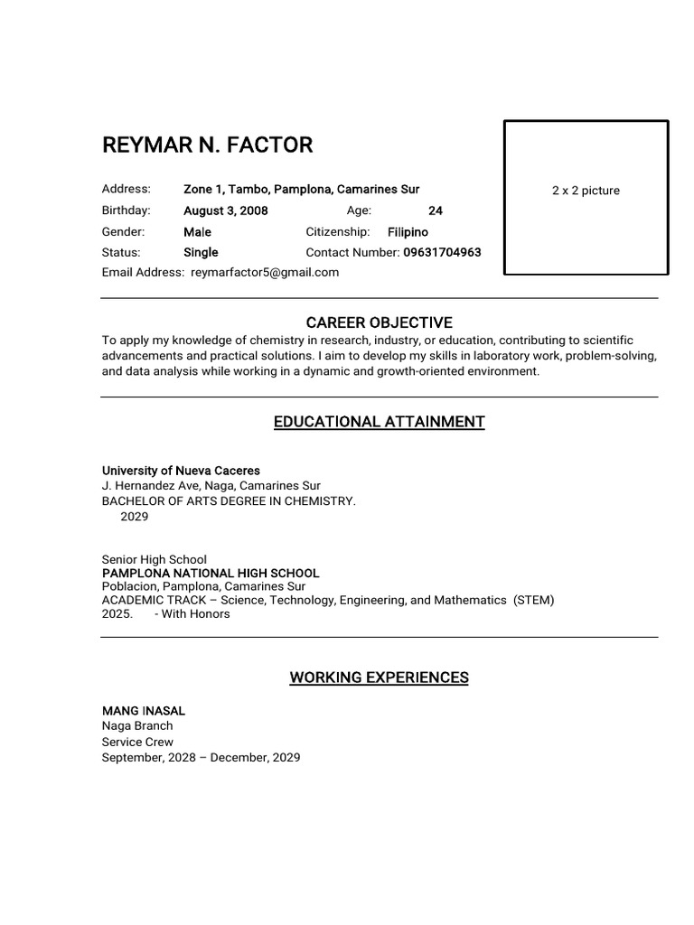 Reymar N. Factor: Chemistry Graduate CV | PDF