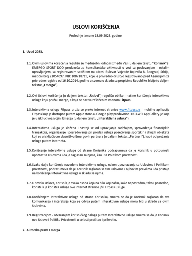 Uslovi Korišćenja: 1. Uvod 2023 | PDF