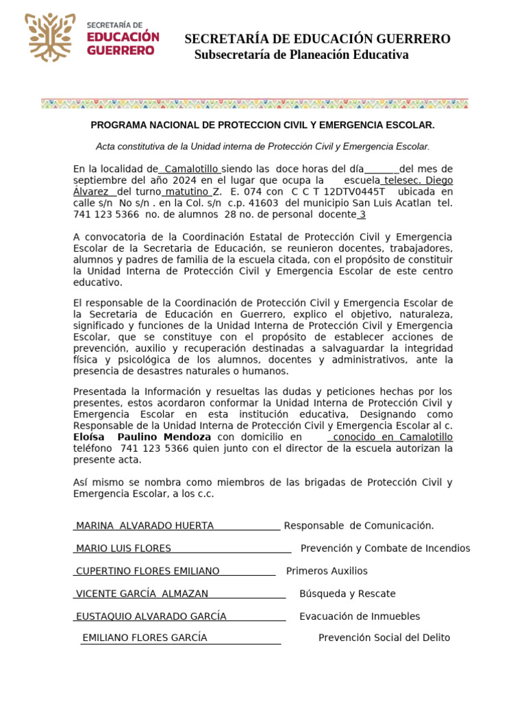ACTA DE PROTECCION CIVIL | PDF | Defensa Civil | Escuelas