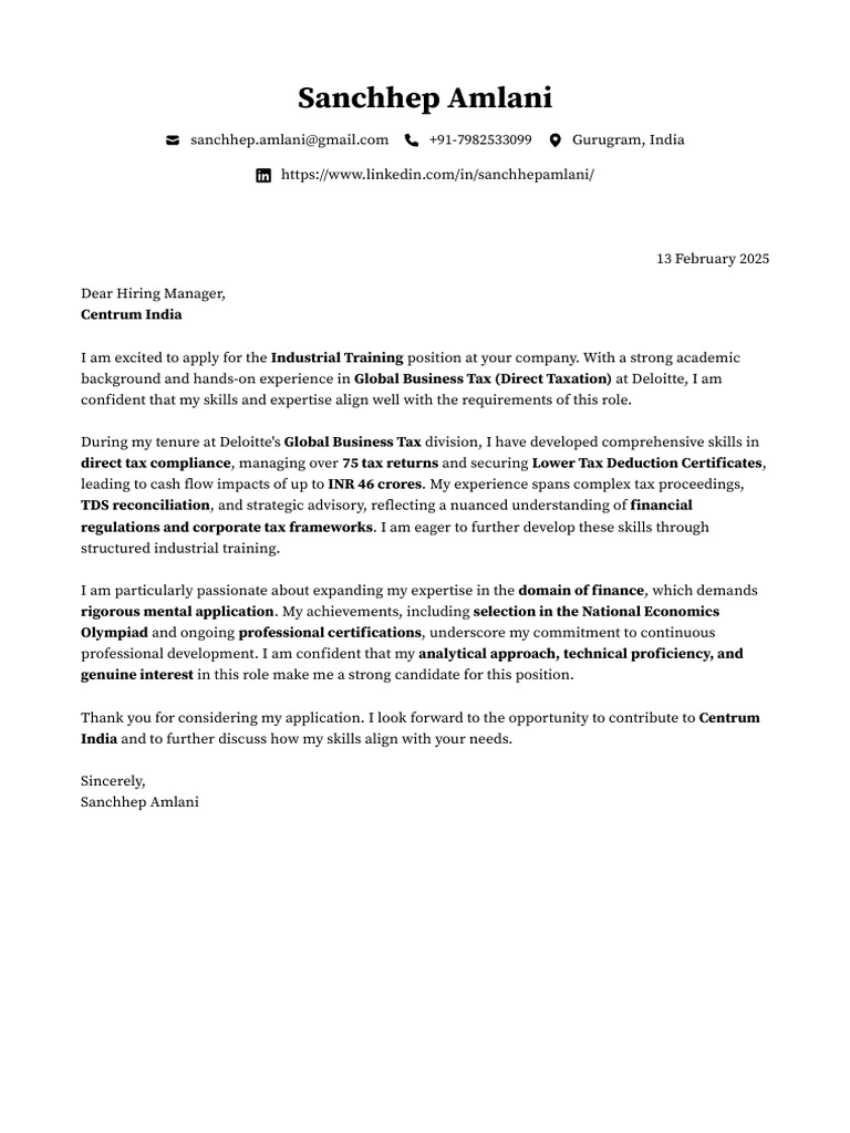 Sanchhep Amlani CoverLetter Centrum | PDF