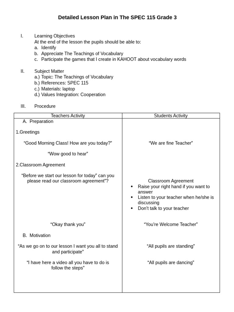 Grade 3 Vocabulary Lesson Plan | PDF | Teachers | Lesson Plan