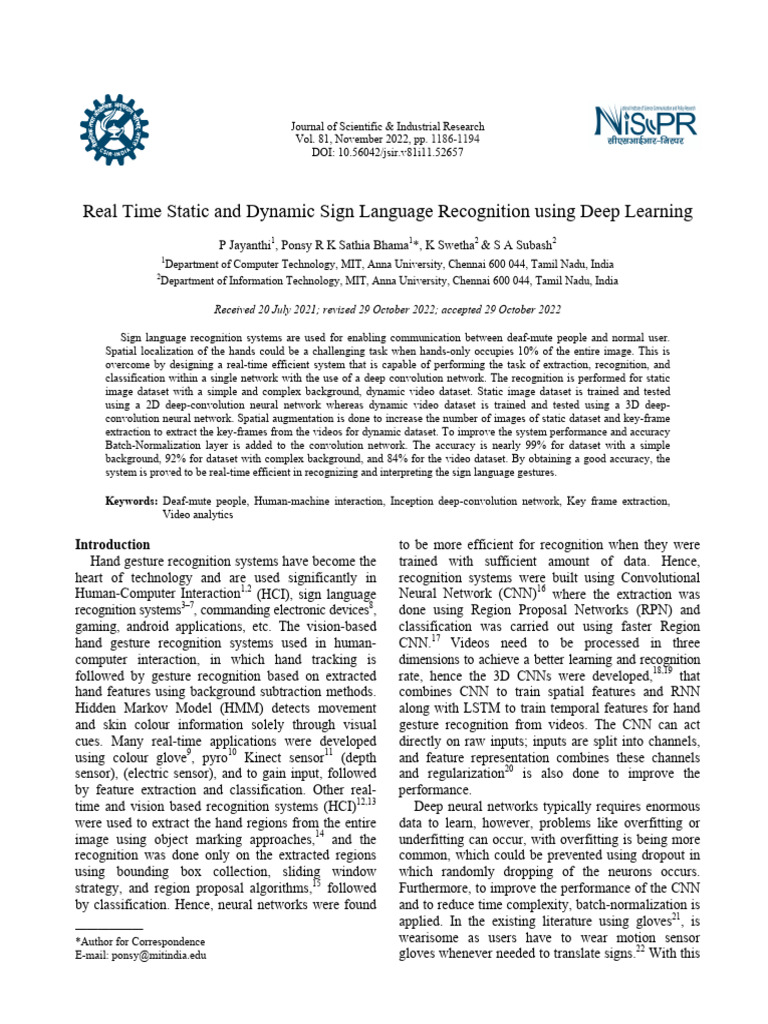 Real Time Static and Dynamic Sign Language Recognition Using Deep Learning | PDF | Deep Learning ...