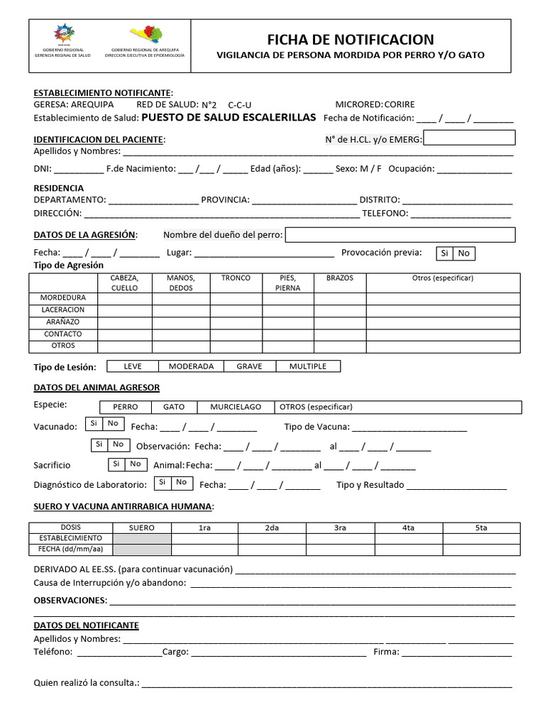 Ficha de Notificación de Mordedura Canina | PDF | Salud pública ...