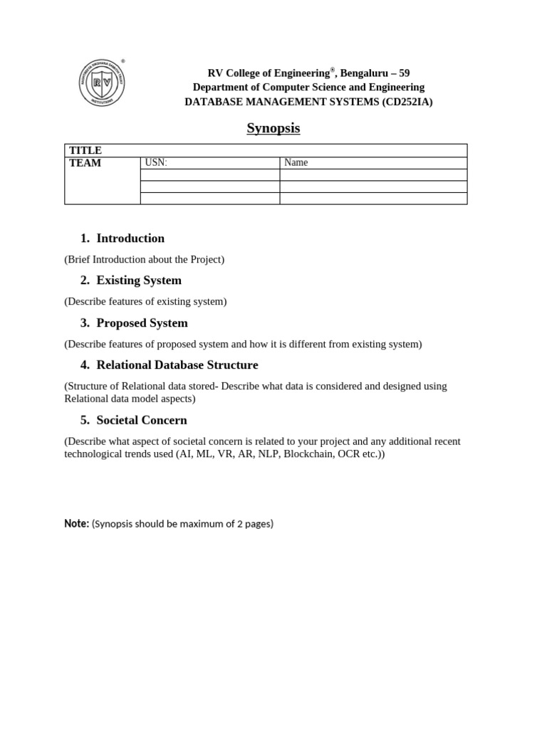 DBMS Synopsis Format 2024 | PDF