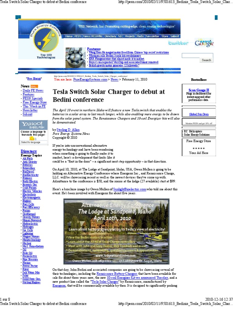 Tesla Switch Solar Charger To Debut at Bedini Conference | PDF ...