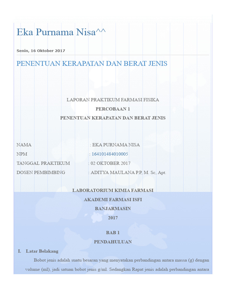 Eka Purnama Nisa^^- Penentuan Kerapatan Dan Berat Jenis | PDF