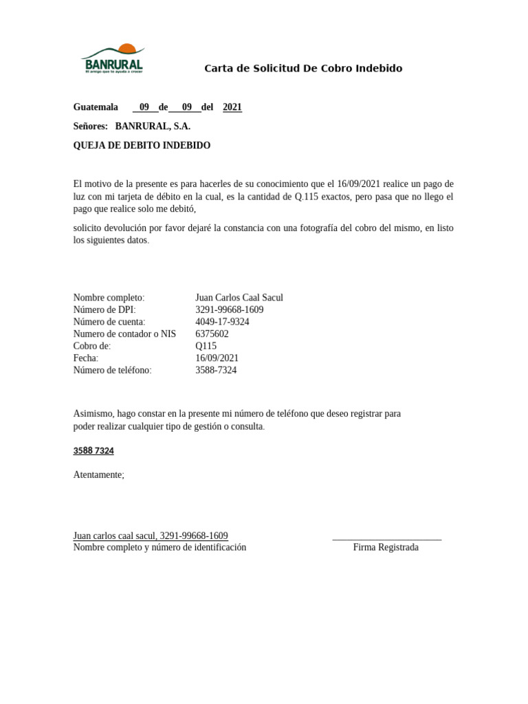 Carta de Solicitud de Cobro Indebido | PDF