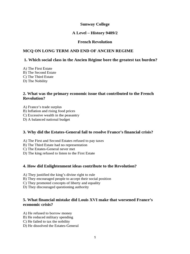MCQ ON LONG TERM AND END OF ANCIEN REGIME | PDF | French Revolution ...