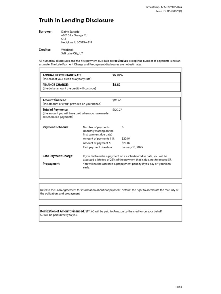 Truth in Lending Disclosure for Loan D5KRDZQQ | PDF | Arbitration | Lawsuit