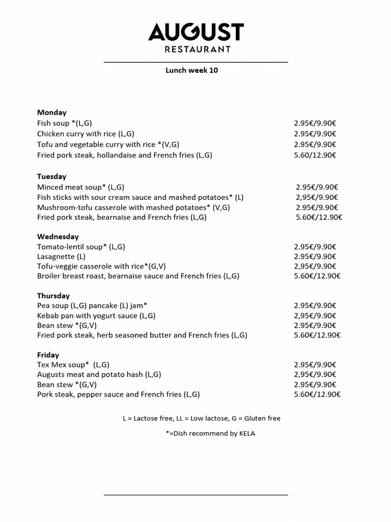 Lunch Week 10: L Lactose Free, LL Low Lactose, G Gluten Free Dish ...