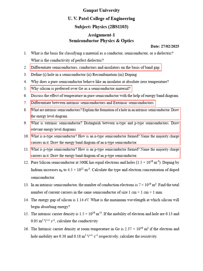 Semiconductor Physics Assignment | PDF | Semiconductors | Doping (Semiconductor)