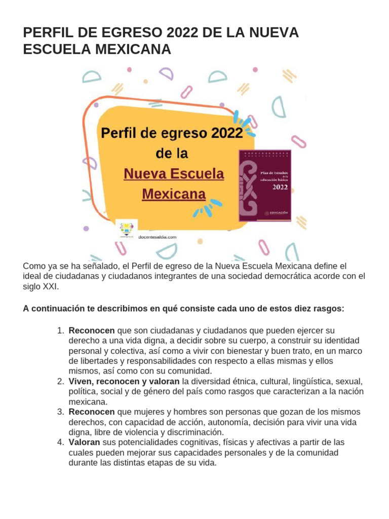 10 Rasgos del Perfil de Egreso NEM 2022 | PDF | Plan de estudios ...