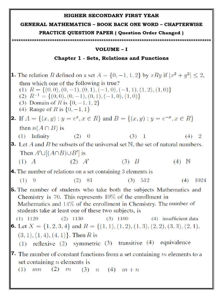 XI STD Volume - I Book Back One Word Practice Question Paper | PDF | Line (Geometry) | Perpendicular