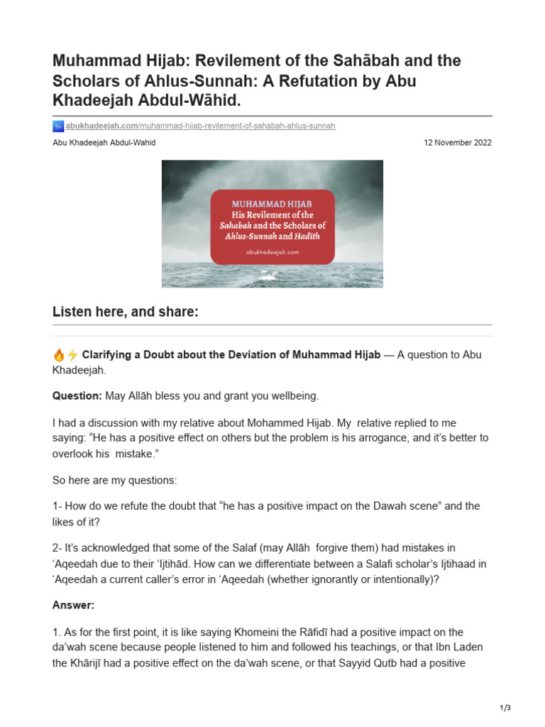Muhammad Hijab Revilement of The Sahābah and The Scholars of Ahlus-Sunnah A Refutation by Abu ...