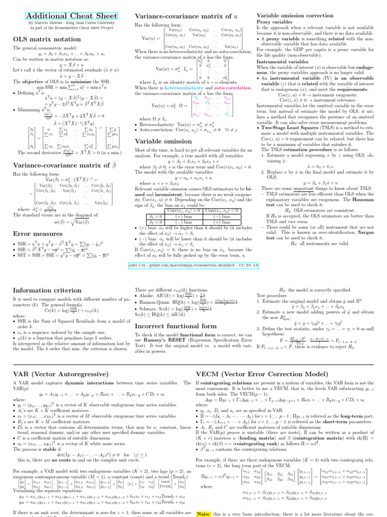Econometrics Cheat Sheet: OLS & VAR Models | PDF | Ordinary Least ...