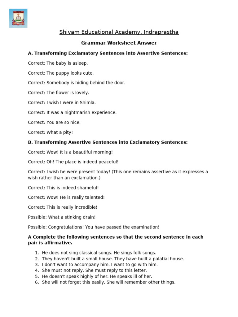 Class 8 Grammar Worksheet Answers | PDF