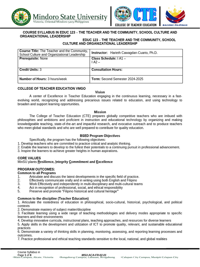 Form 01 Course Syllabus For EDUC 123. 24 25 | PDF | Leadership | Learning