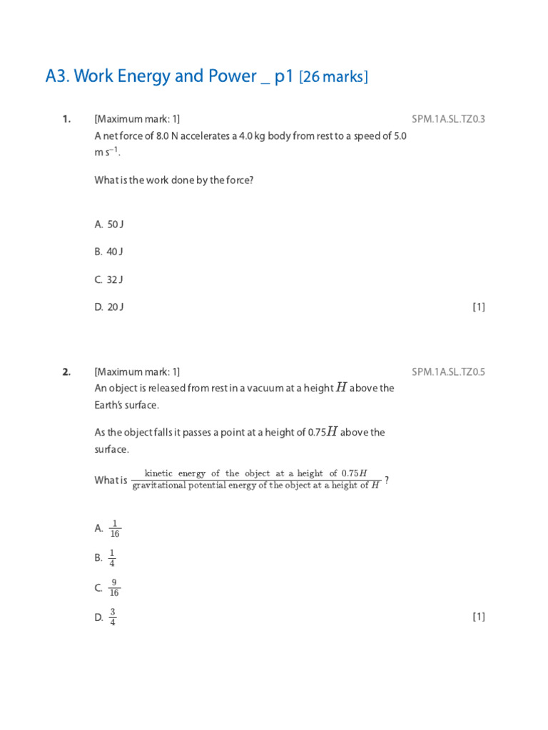 A3. Work Energy and Power HW - p1 | PDF | Mass | Kinetic Energy