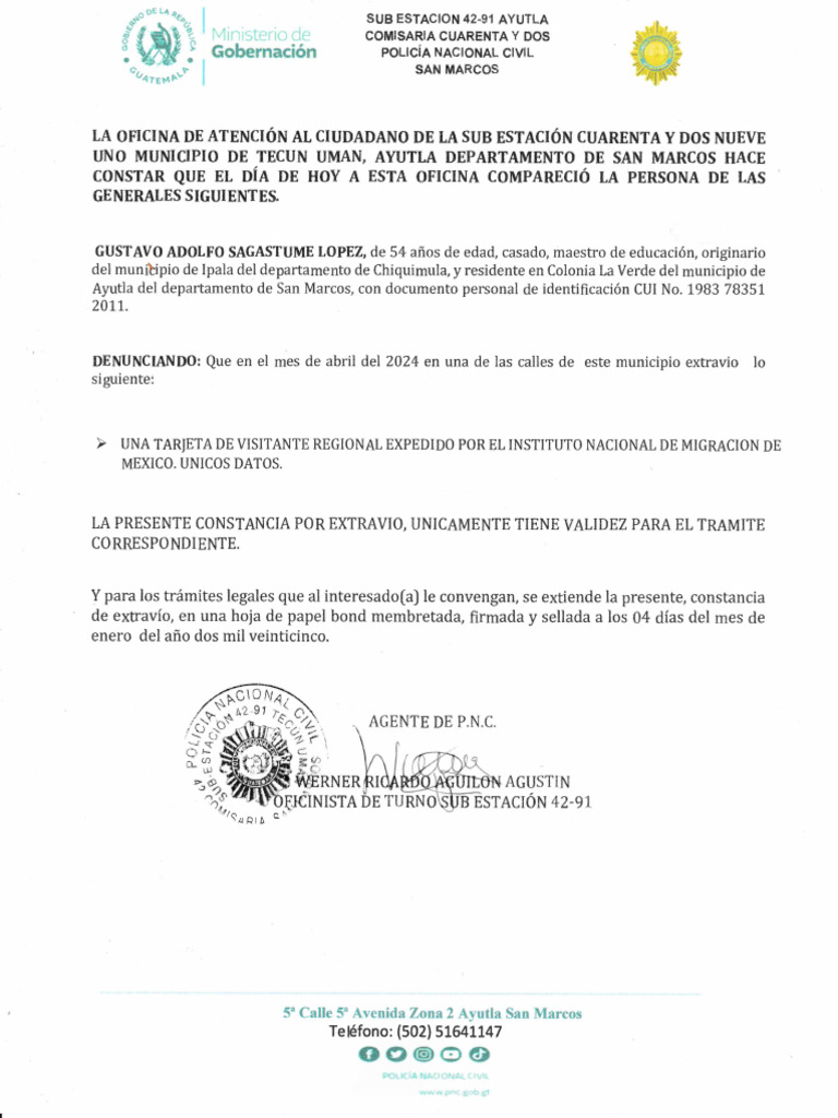 Denuncia de Extravio TVR - 20250104 - 0001 | PDF