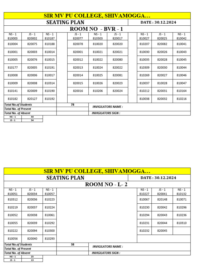 Seating Plan (I PUC & II PUC) - 30.12.2024 | PDF