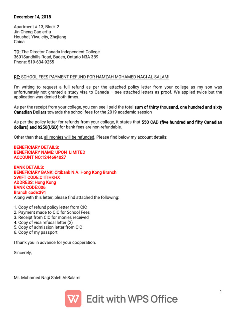 Draft Letter For Refund Sample | PDF